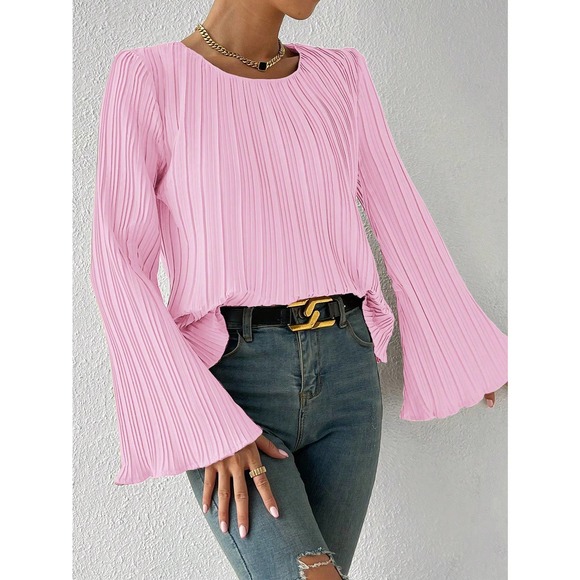 WILA | Tops | Solid Flounce Sleeve Plisse Blouse Bell Sleeve Black ...
